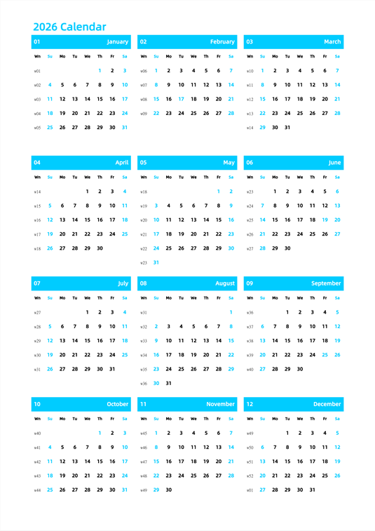 2026年日历表 英文版 纵向排版 周日开始 带周数 带节假日调休 日历模板(DF011-2277) - 日历表2026年日历打印下载